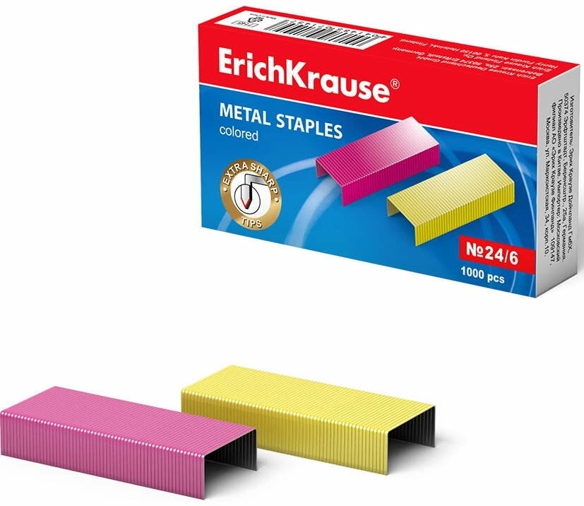 Скобы 24/6 ErichKrause цветные (коробка 1000 шт.)
