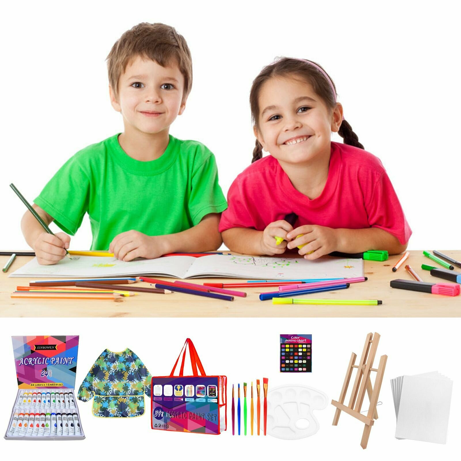 Детский набор для рисования 39 предметов (24 цвета, мольберт, халат)