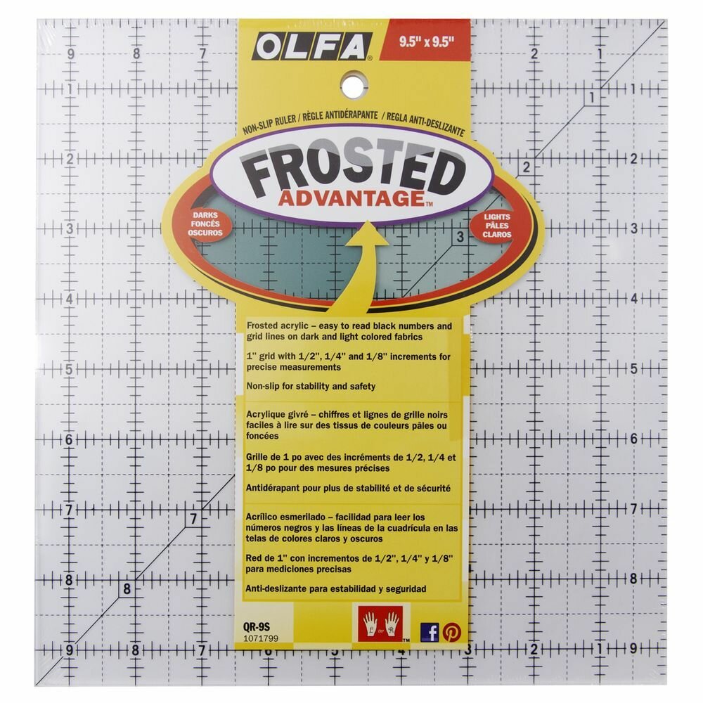 Линейка OLFA Frosted, для пэчворка, градация в дюймах, квадрат 9х9", прозрачно-матовая