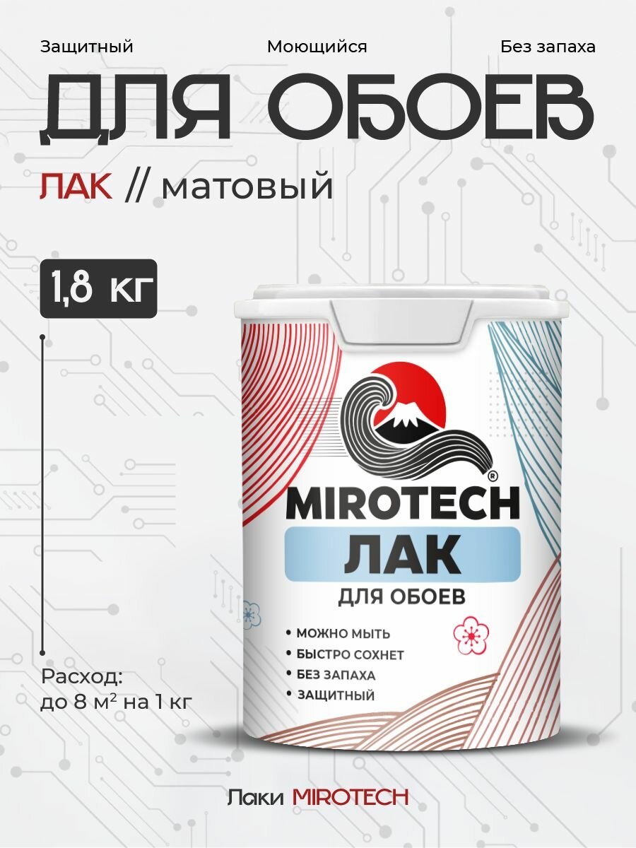 Лак для защиты обоев MIROTECH для дерева и минеральных поверхностей, моющийся без запаха быстросохнущий, матовый, 1.8 кг