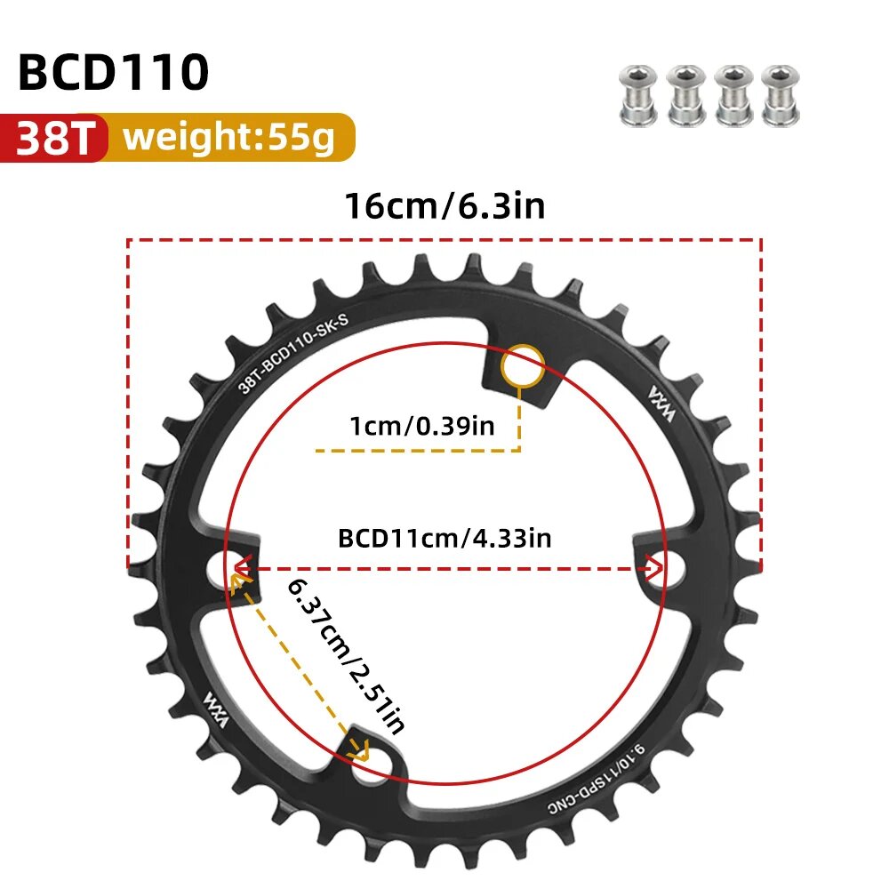 Велосипедная звезда 38T BCD110, 4 болта, 55г, черная
