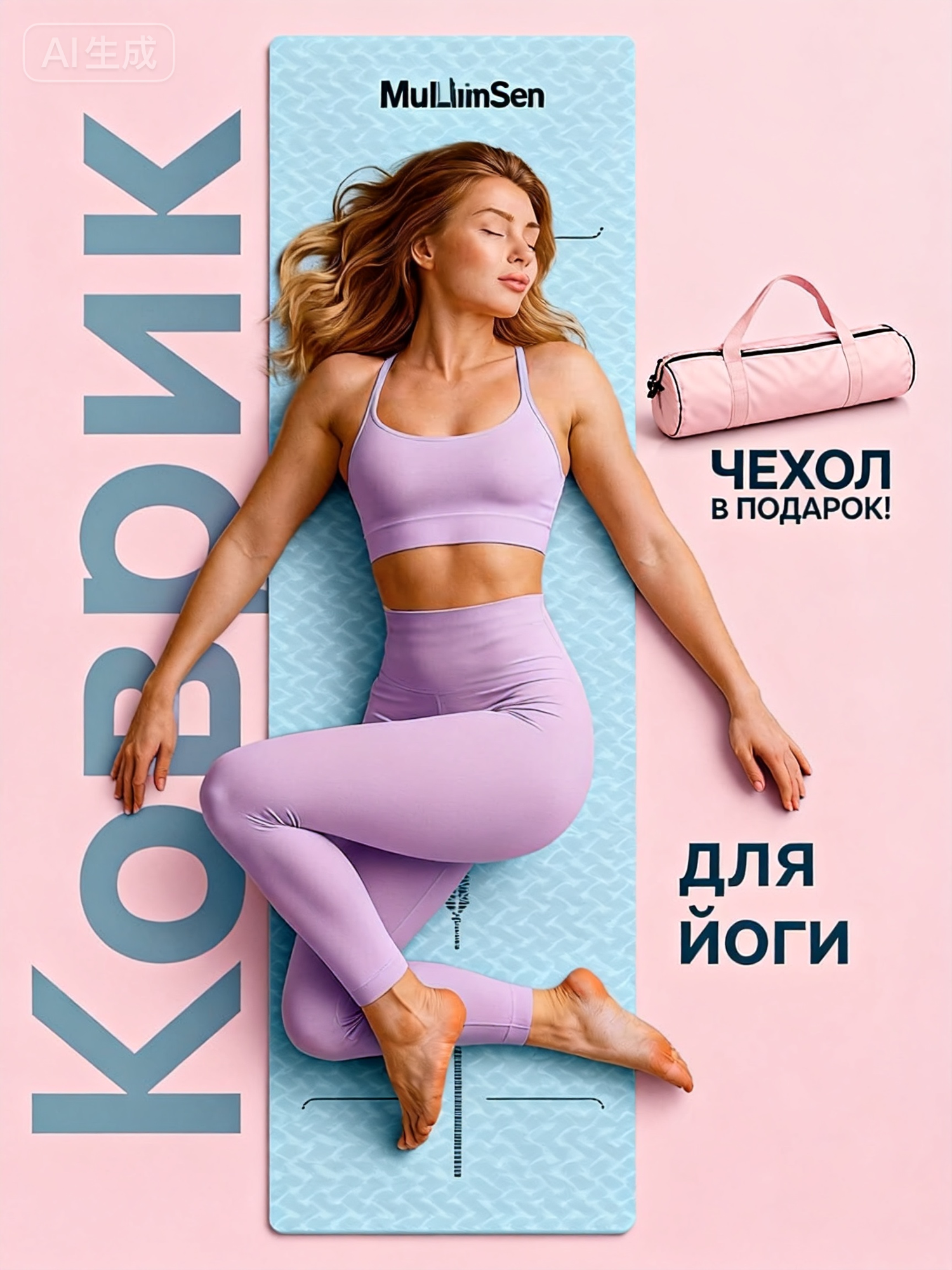 Коврик для фитнеса и йоги "Mulinsen", нескользящий, ТПЕ, чехол, фиолетовый