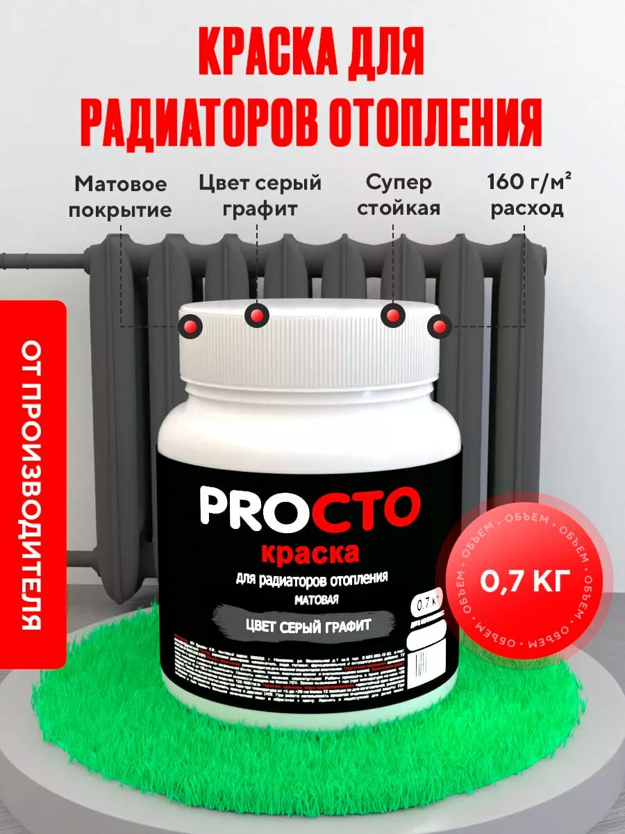 PROCTO Краска для радиаторов, батарей и труб отопления без запаха быстросохнущая серый графит, 0.7 кг