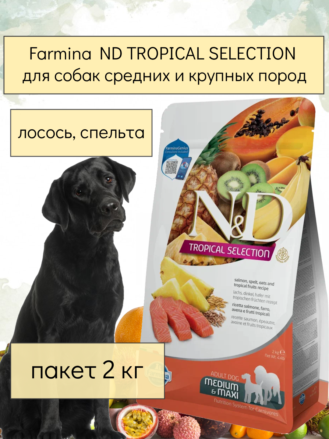 Farmina N&D TROPICAL SELECTION MEDIUM/MAXI сухой корм для собак средних и крупных пород, лосось 2 кг