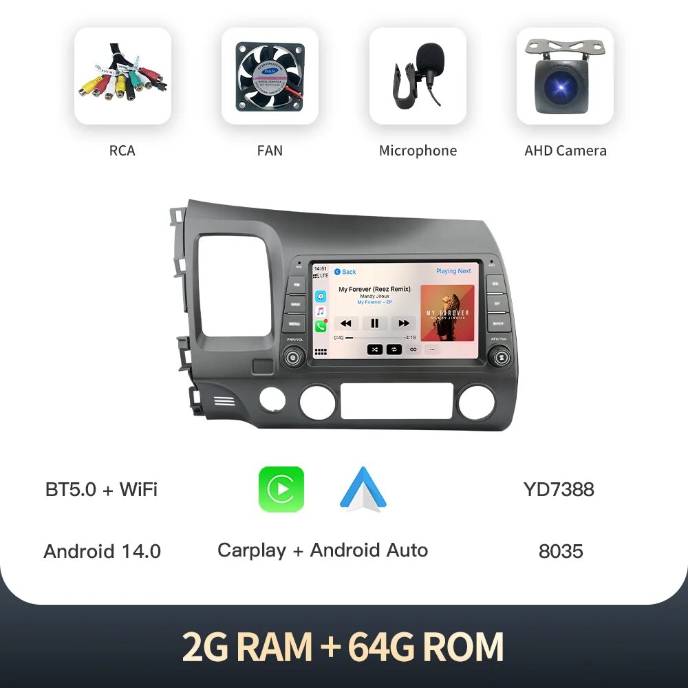 Автомагнитола Android 14.0 для Honda Civic 8 (2005-2012), 2G RAM, 64G ROM, CarPlay,