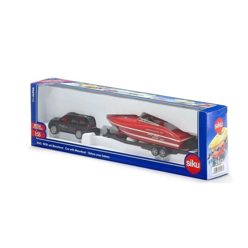 Игрушечная машинка Toyota с лодкой на прицепе 28 см чёрный/красный масштаб 1:10 — фото 1