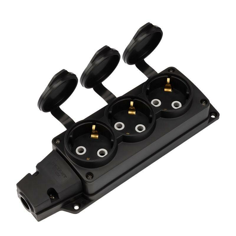 Колодка удлинителя 3-м с заземл. 16А IP54 влагозащ. с защ. крышкой COMPACT каучук черн. Rexant 111-223