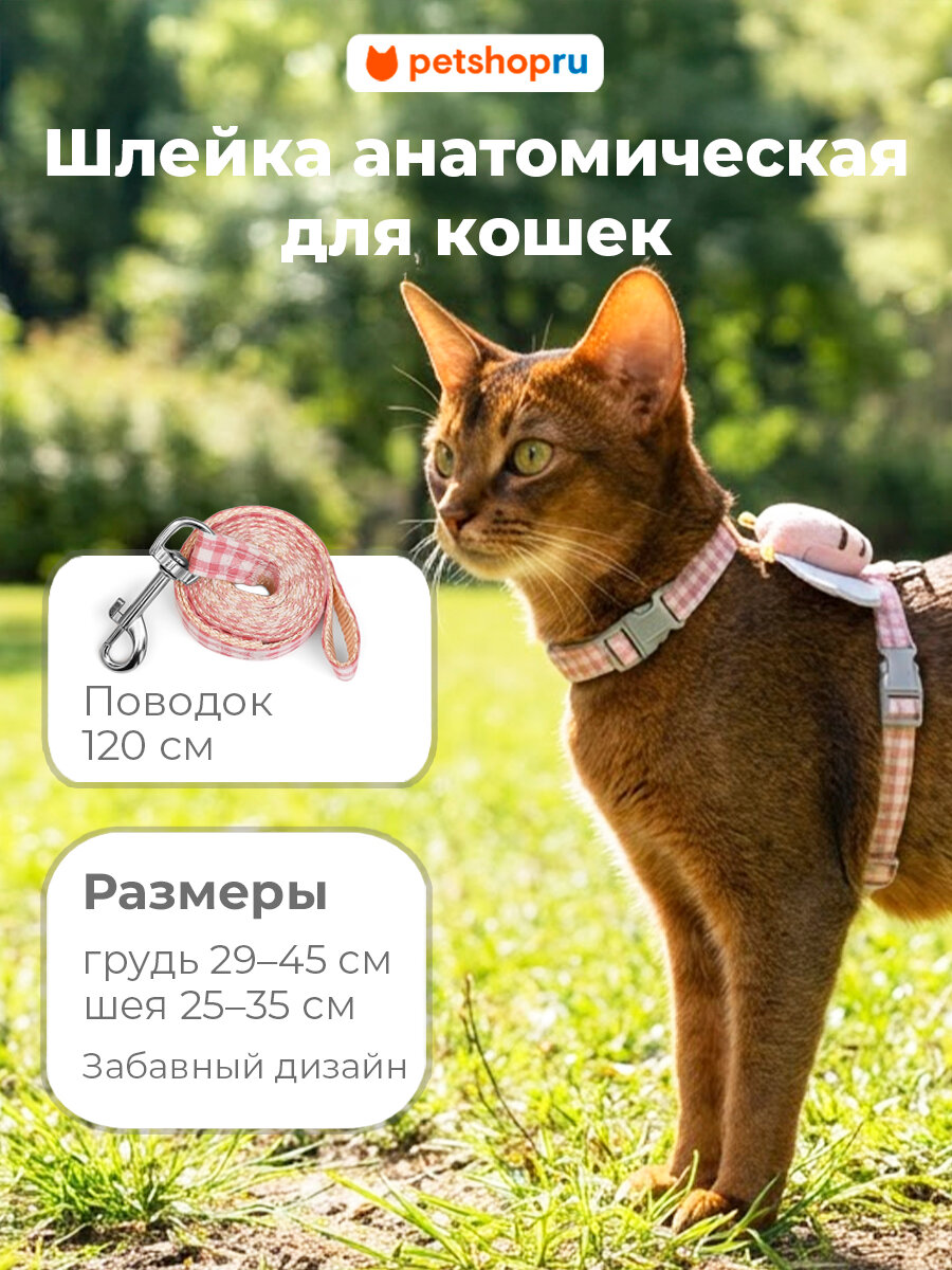 PETSHOP Шлейка для кошек с поводком "Пчёлка", 29-45 см, розовая
