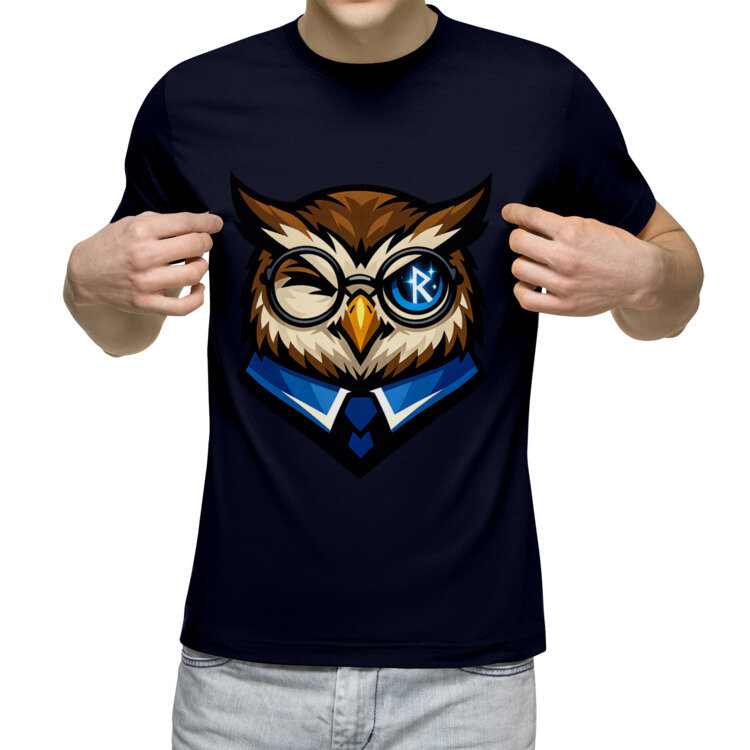 Мужская футболка «Бизнес Сова Эспорт - Owl Gamer в Очках с Галстуком» (темно-синий, L)