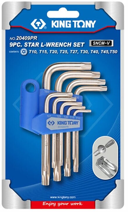 Набор Г-образных TORX, T10-T50, короткие с отверстием, 9 предметов KING TONY 20409PR