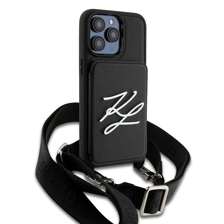 Karl Lagerfeld чехол с ремешком и картхолдером для iPhone 15 Pro Max, PU-кожа Saffiano Autograph, черный