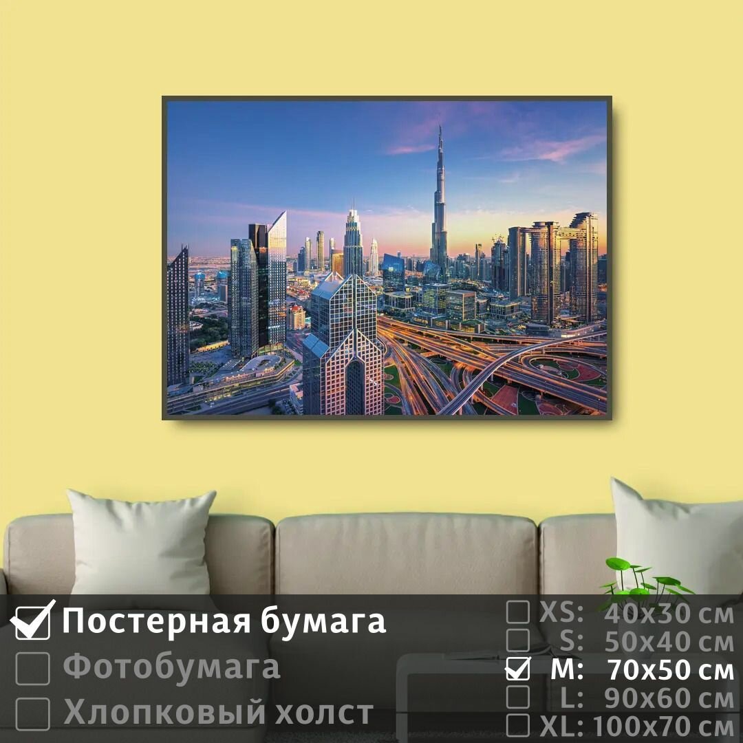 Постер на стену Панорама Городского Пейзажа Дубай 70х50 см ПолиЦентр