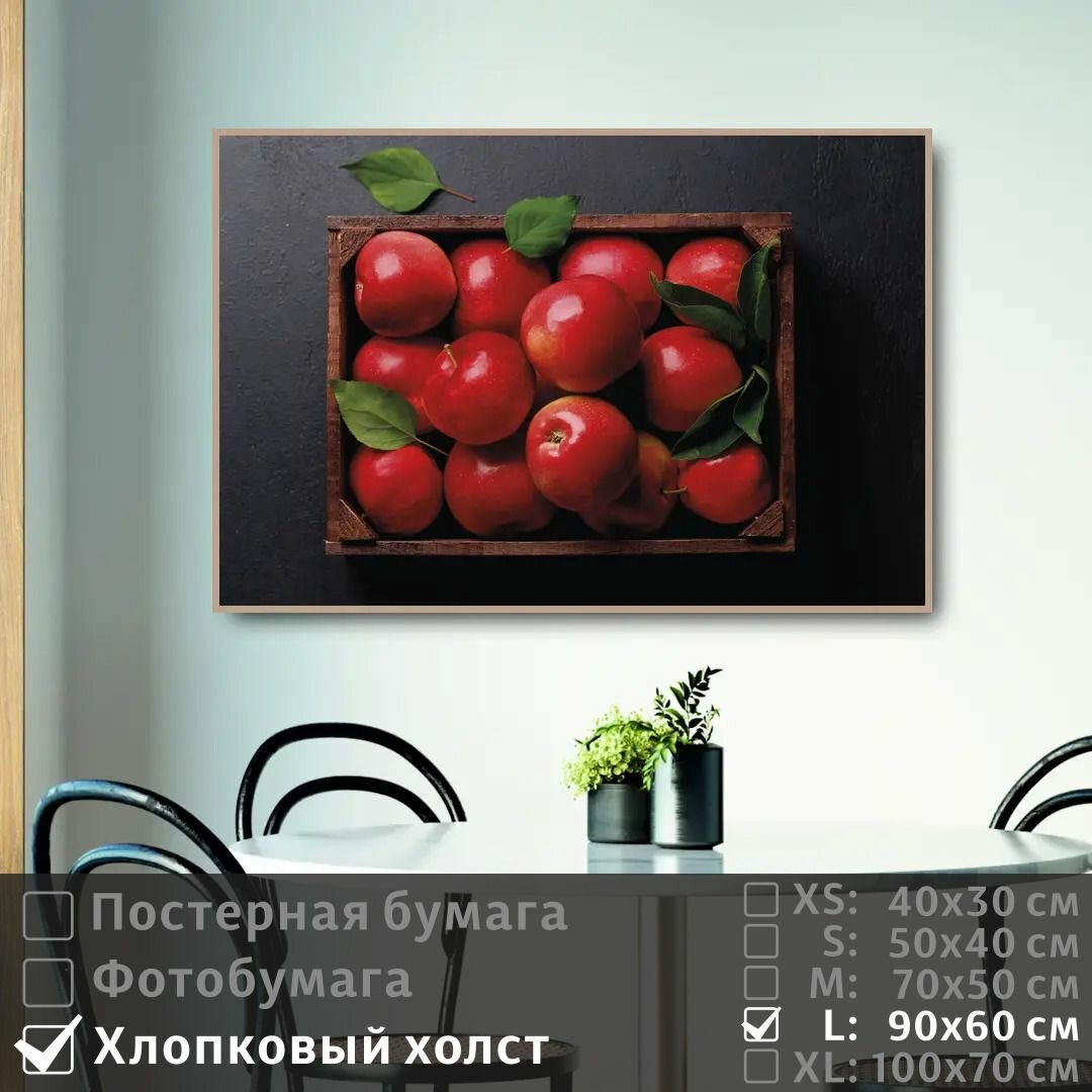 Постер на холсте Красные Спелые Яблоки На Черном Фоне 90х60 см ПолиЦентр