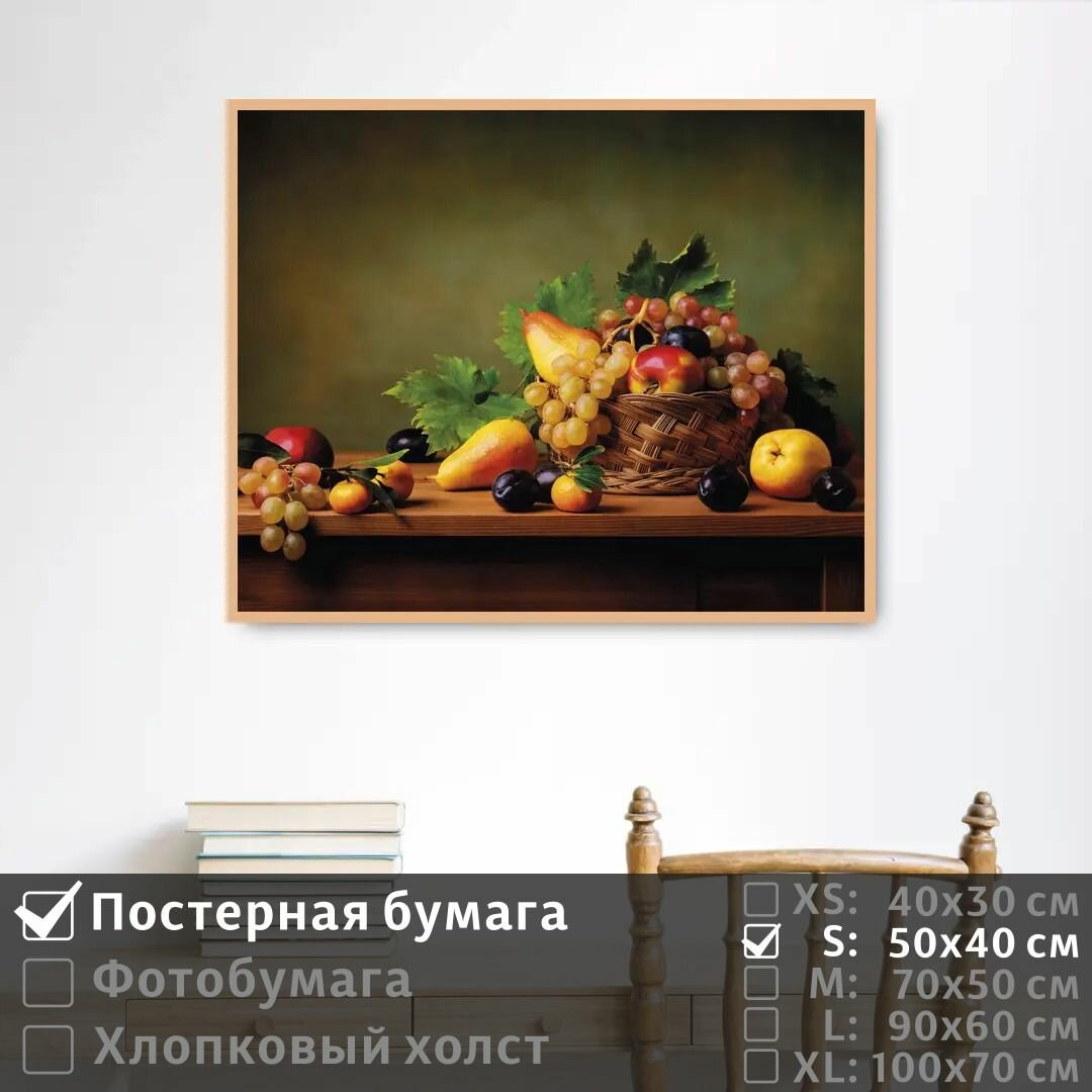 Постер на стену Фрукты С Листьями В Корзинке 50х40 см ПолиЦентр