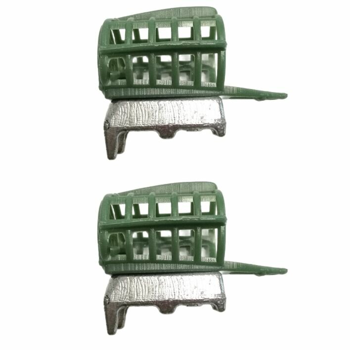 2 шт. / Кормушка фидерная Зеленая с грунтозацепом для реки с умеренным или сильным течением / Набор 120гр.