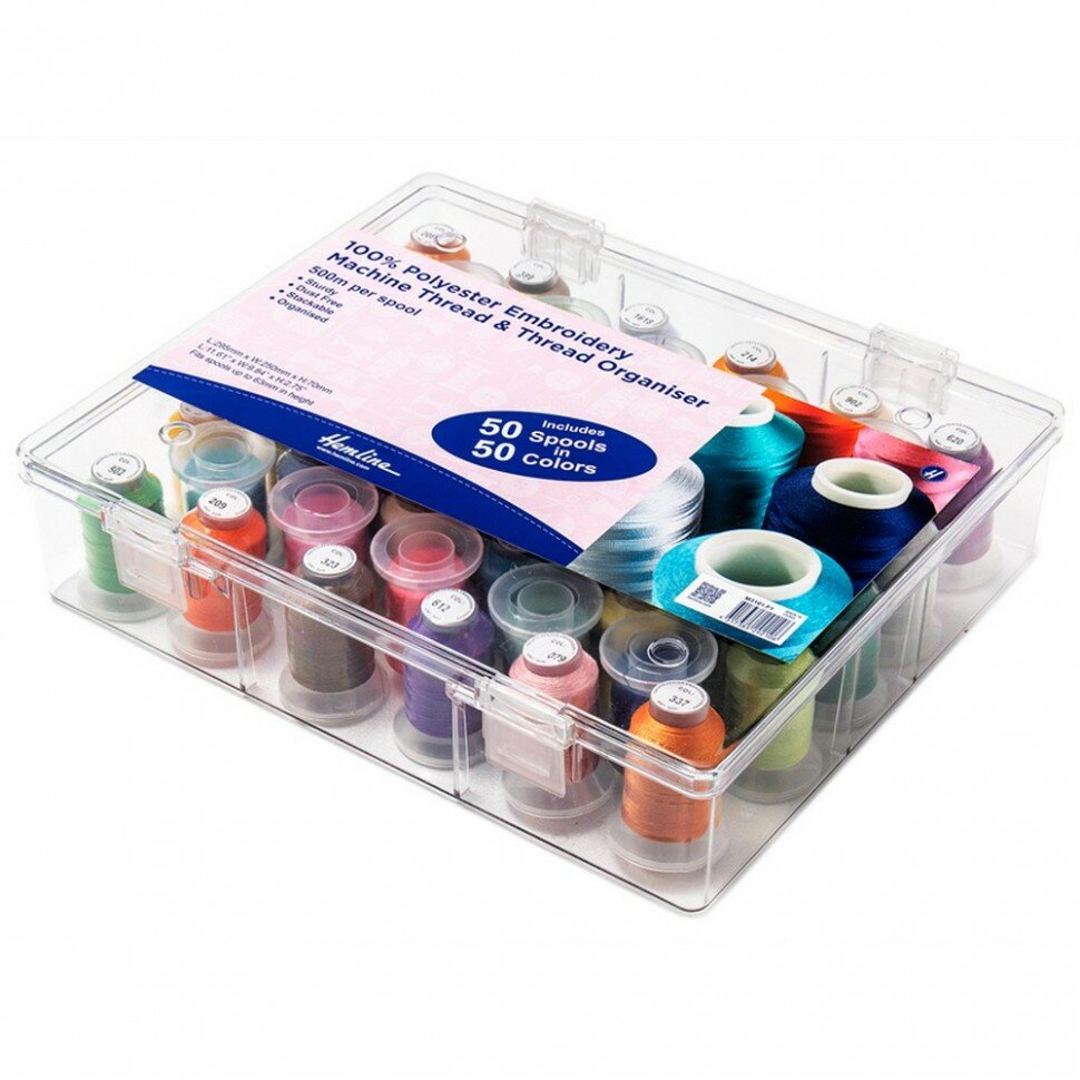 Hemline M3101. F1 Набор нитей для машинной вышивки в органайзере, 50 катушек, 40 wt