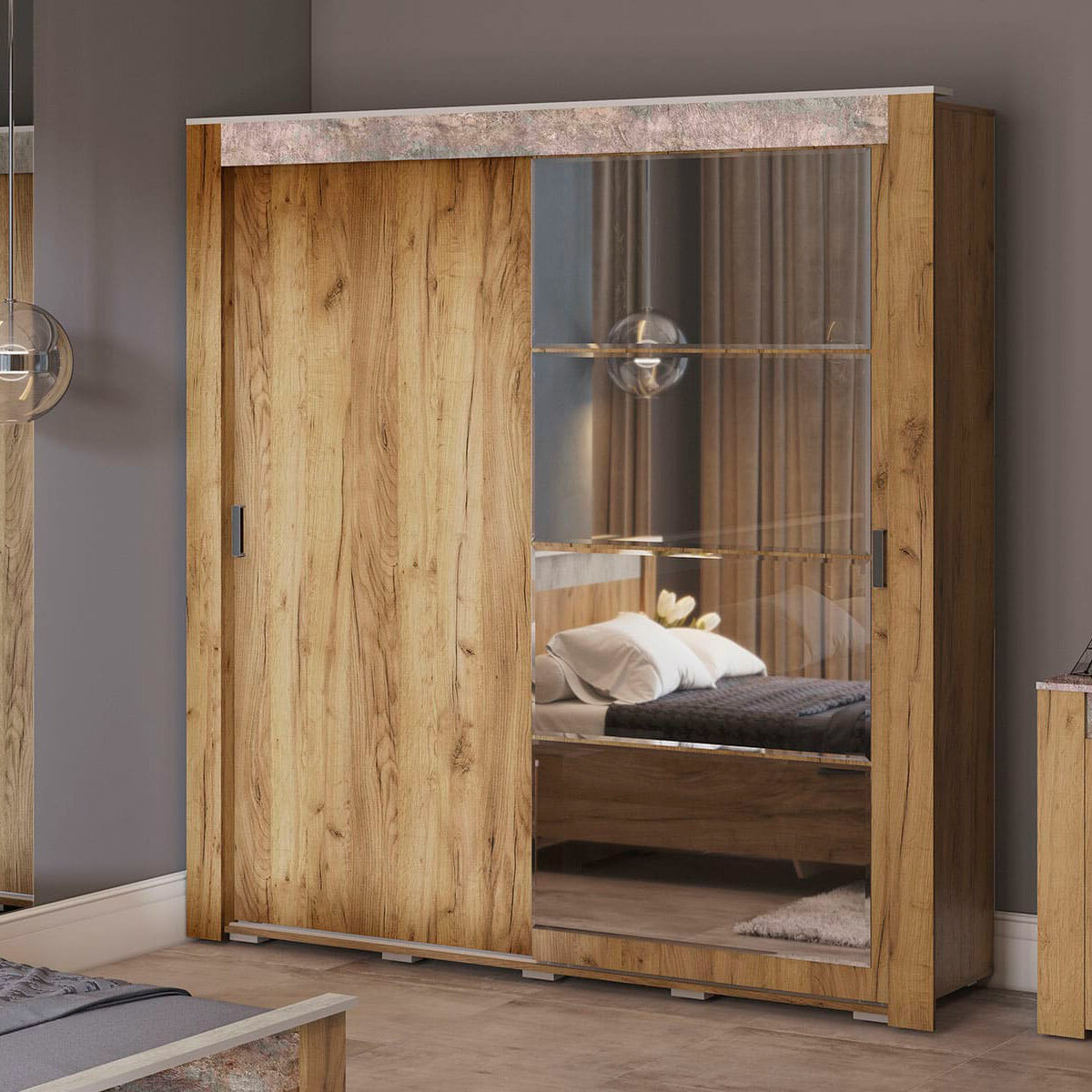 Шкаф-купе для одежды с зеркалом Франк 215,6х219,2х61,1 см, крафт/бетон