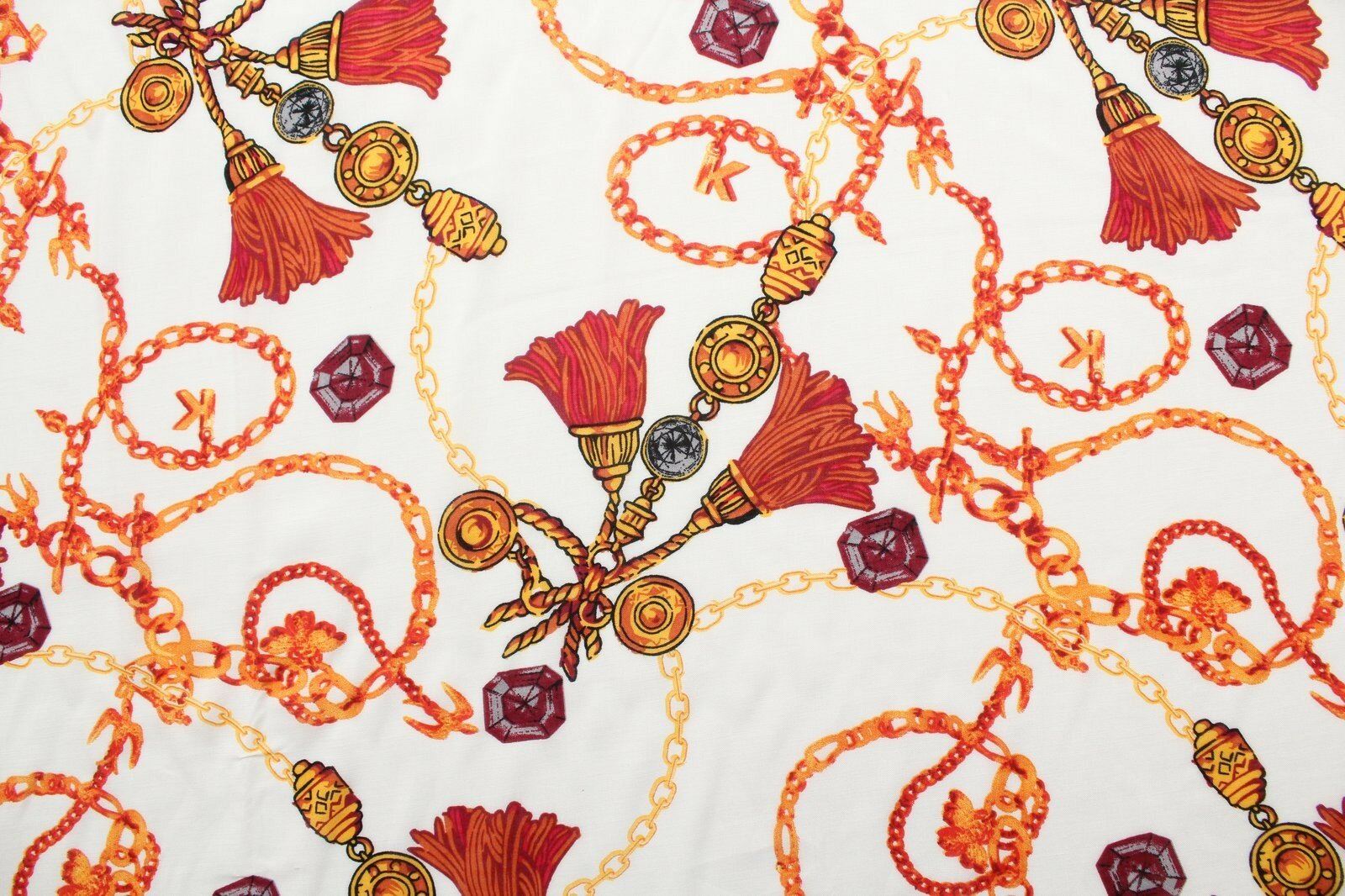 Ткань Вискоза блузочно-плательная красно-золотые цепочки на белом, ш142см, 0,5 м
