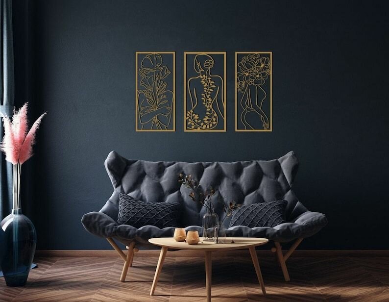 Декоративное металлическое панно, Женское боди-арт, набор из 3 элементов декора (матовое золото)