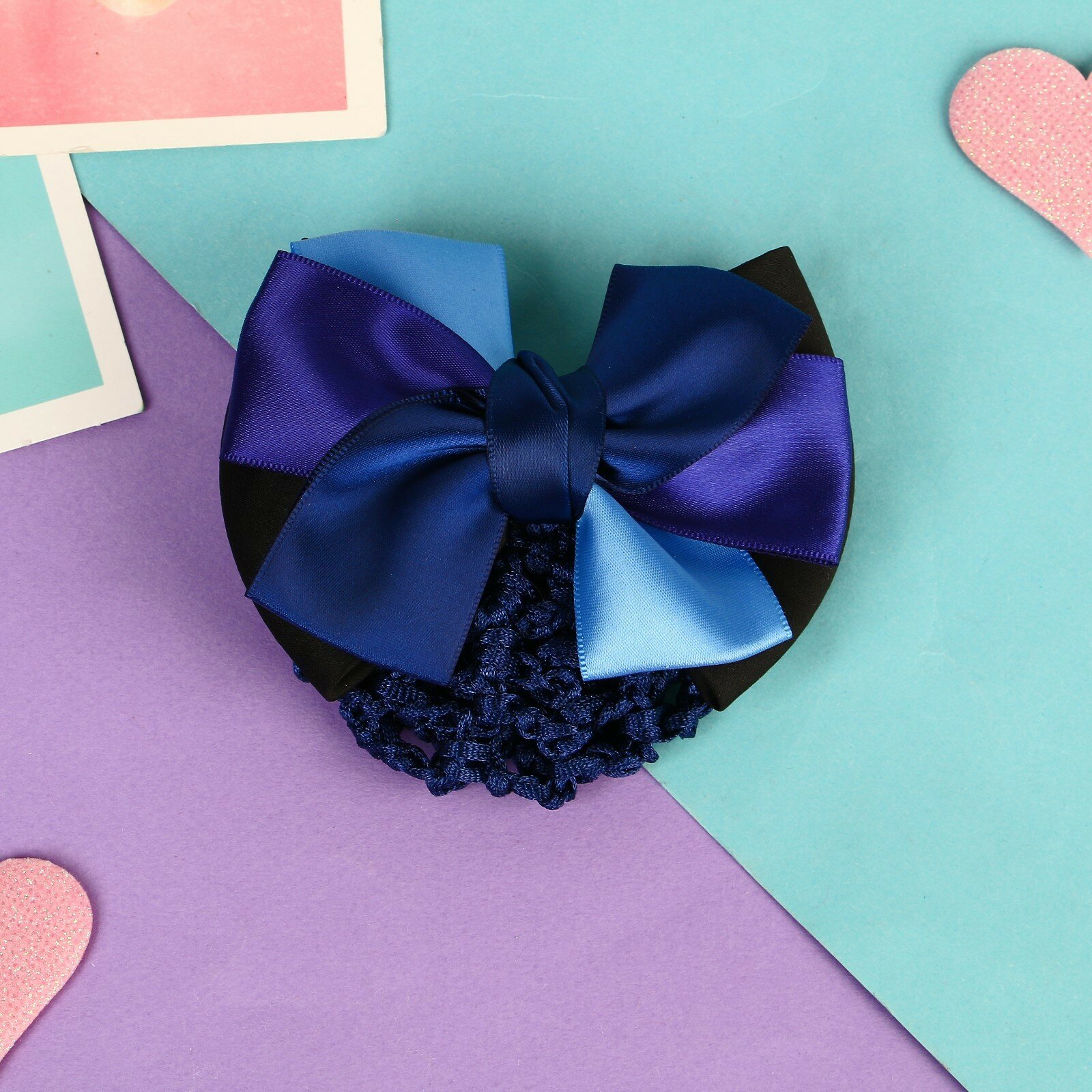 Заколка - автомат для волос QF «Бантик» с сеточкой для пучка, d=10 см, синяя