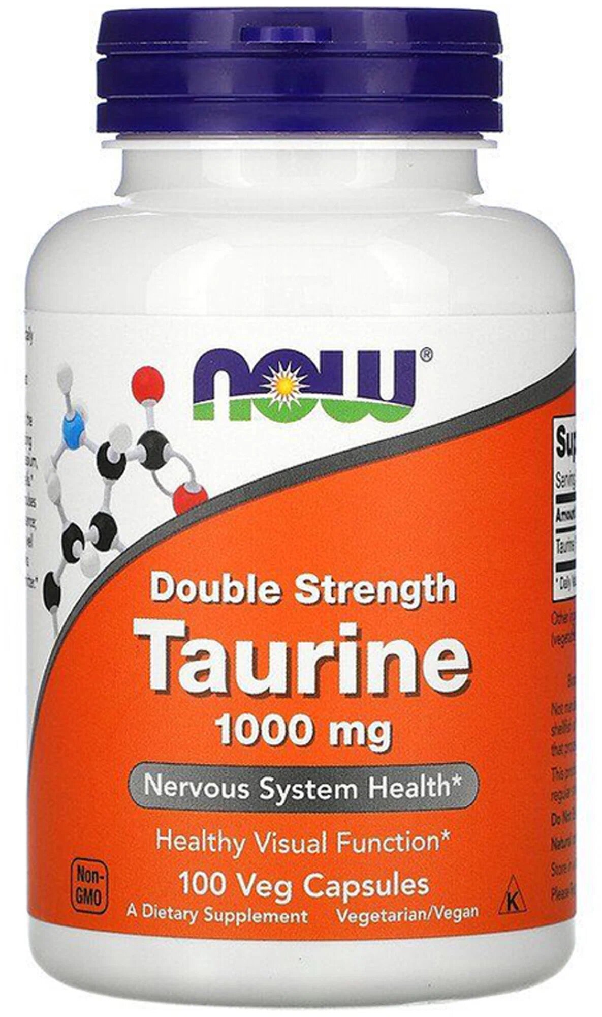 Таурин, 2 упаковки NOW Taurine 1000mg 100 вегетарианских капсул