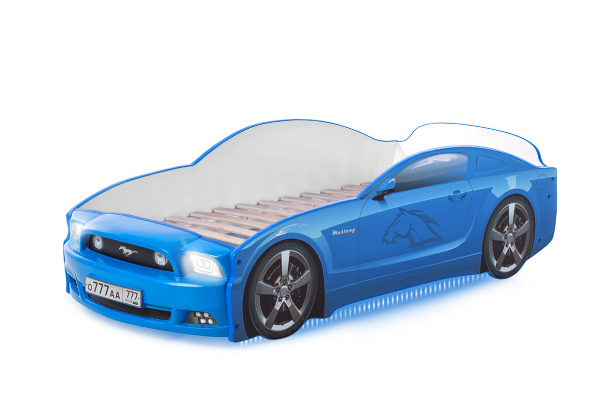 Futuka Kids кровать-машина Light Plus "Мустанг"с подсветкой фар и дна, цвет синий