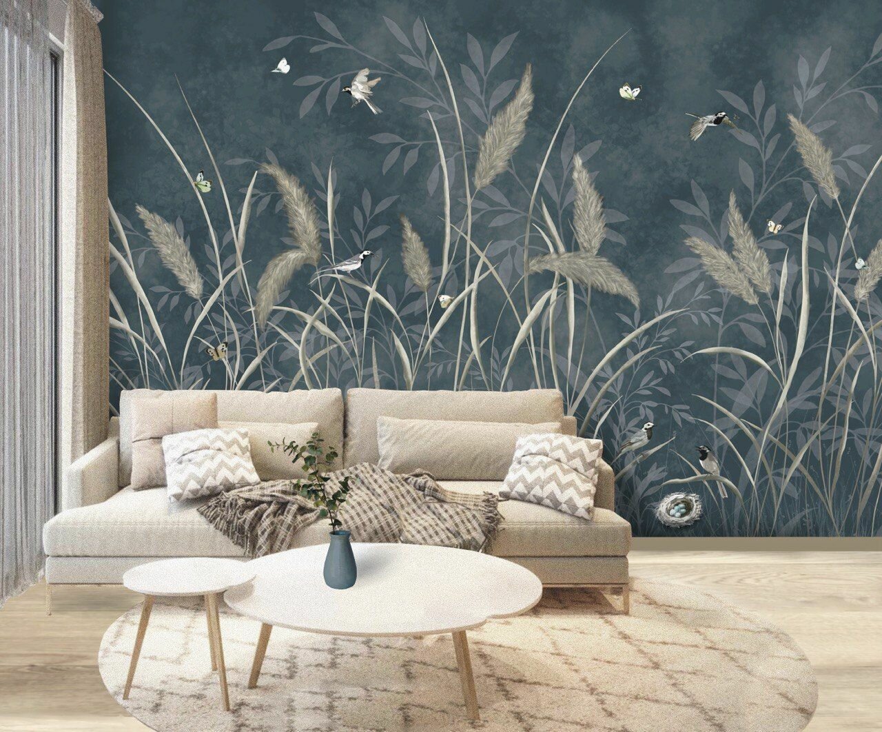 Обои бесшовные "Трясогузки" тёмно-синий (ширина 2750мм х длина 2500мм)