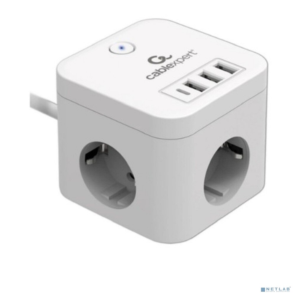 Сетевой фильтр 1.5м белый Cablexpert Cube CUBE-3-CU3-W-1.5, 3 розетки, 10А, 1xType-C PD, 3xUSB