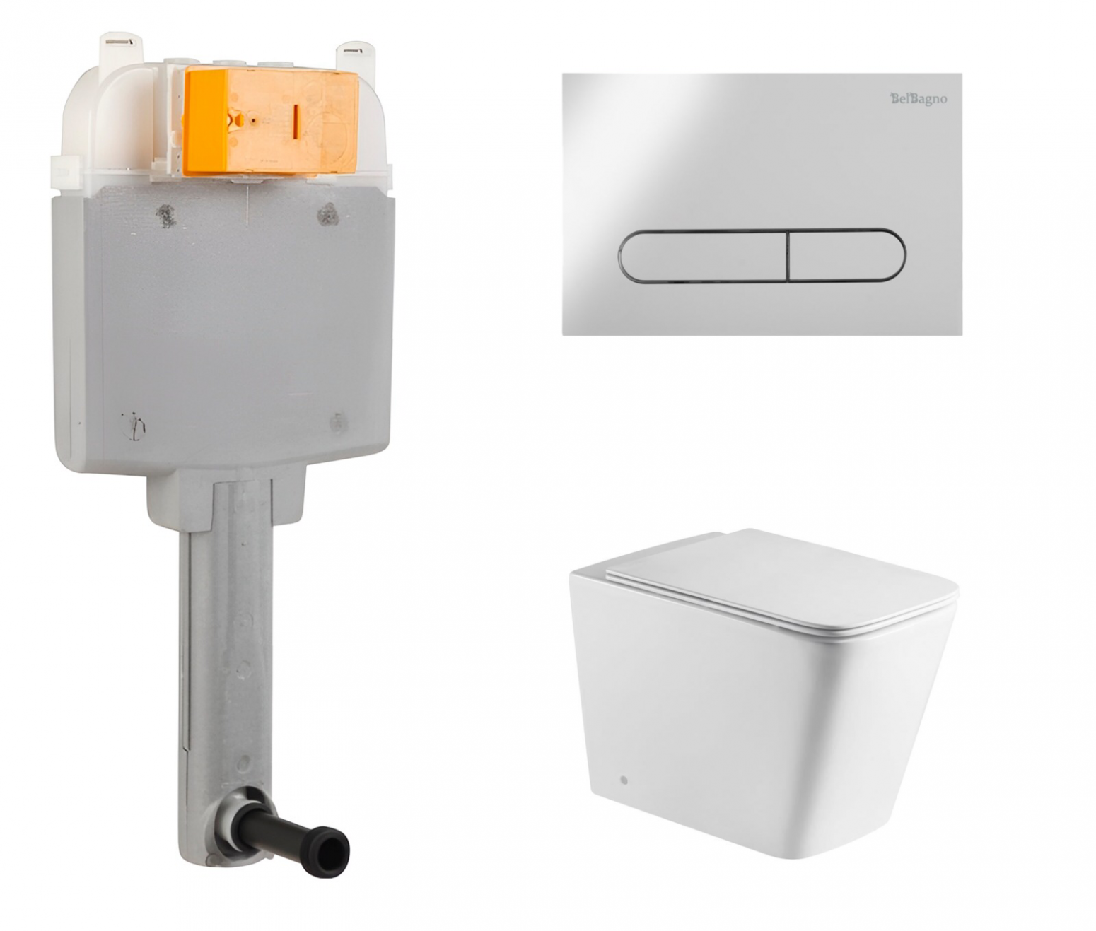 Комплект 3 в 1 смывной бачок скрытого монтажа BelBagno BB025-CS + Приставной унитаз WeltWasser Gelbach 002 GL-WT с кнопкой хром Prospero BB025-CS + 10000003664 + BB005-PR-CHROME