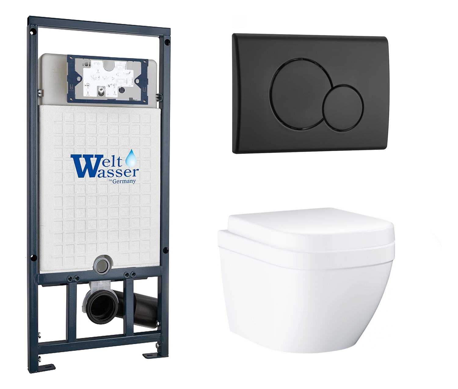 Комплект 3 в 1 инсталляция WeltWasser WW Marberg 507 + Унитаз подвесной Grohe Euro Ceramic 39206000 с кнопкой черной RD 10000005949 + 10000010238 + 39206000 + 39330001