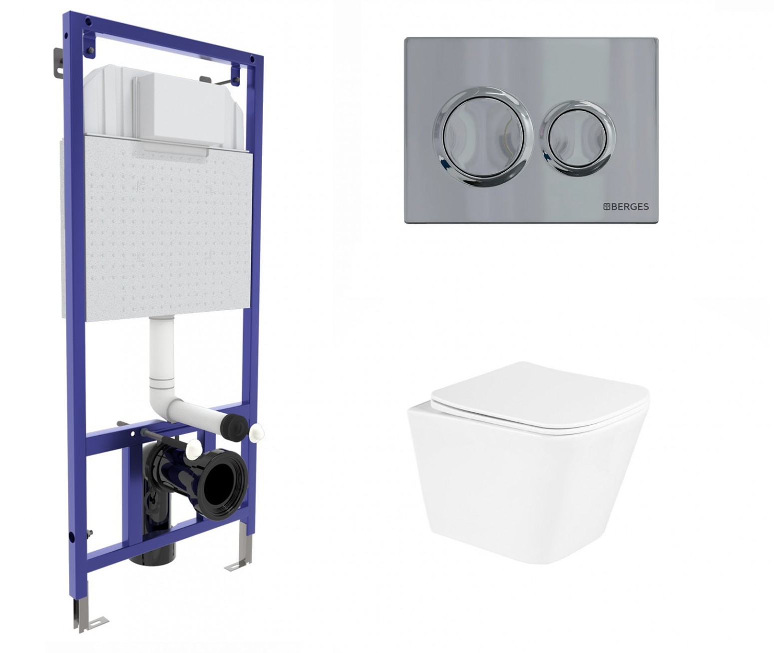 Комплект 3 в 1 инсталляция Berges Novum O3 + Унитаз подвесной BelBagno Due BB3103CHR/SC с кнопкой глянцевой хром