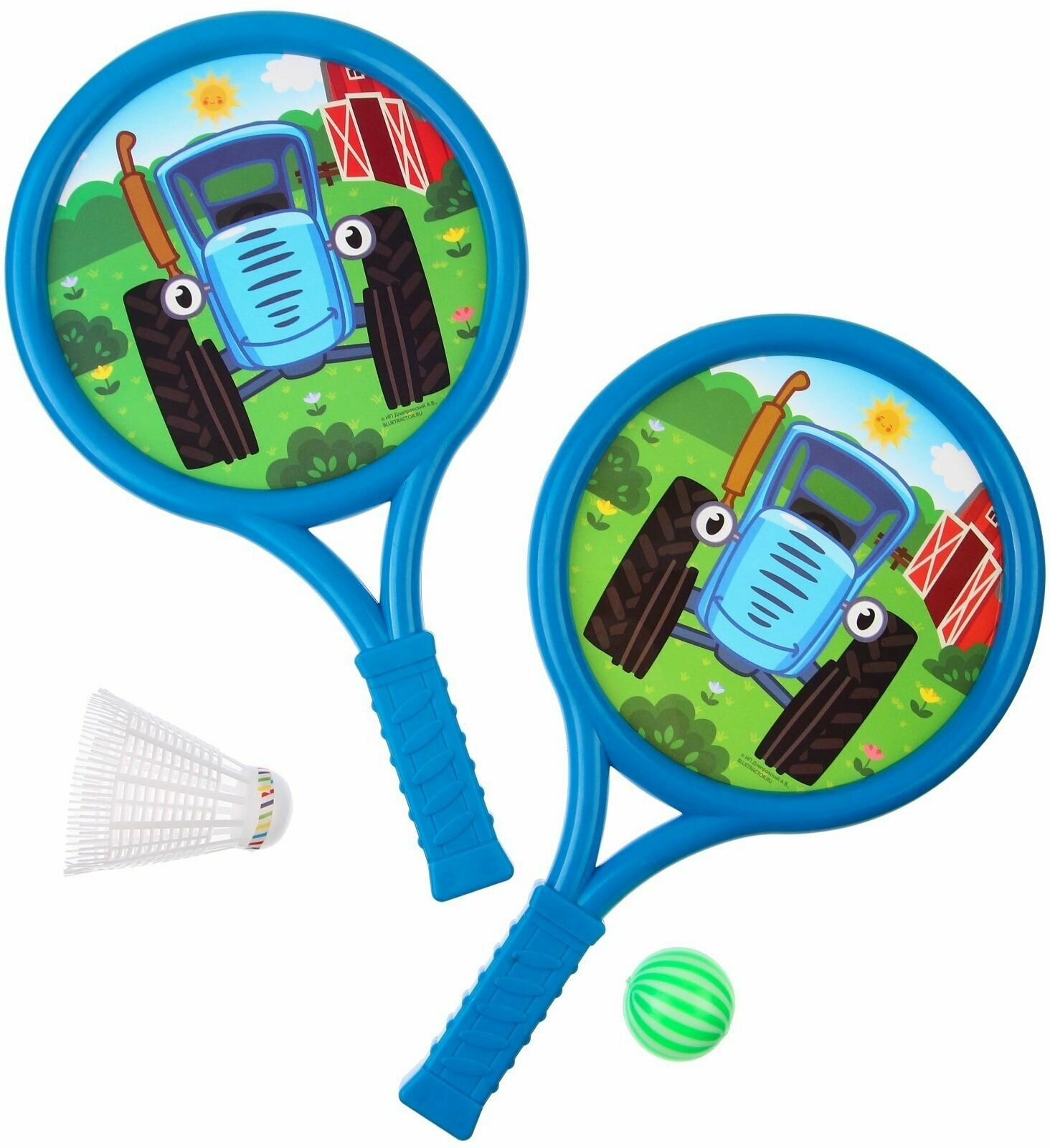 Детский набор для бадминтона "Синий трактор", пляжный набор с воланчиком и мячом, в комплекте 2 спортивные бадминтонные ракетки, 1 волан и мячик