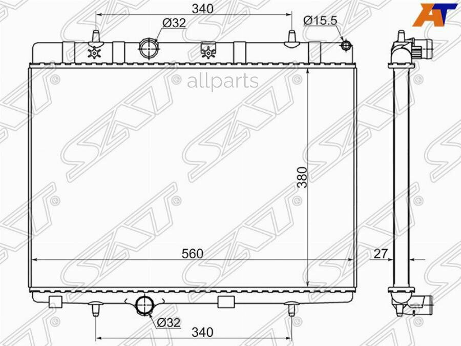 SAT PG0003-2 Радиатор Citroen C3 01-16 / C2 03-07 / C3 Picasso 09-16 / C-Elysee 12- / Peugeot 1007 05-09 / 207 06