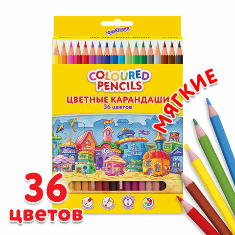 Карандаши цветные юнландия "домики", 36 цветов, пластиковые, классические, грифель мягкий 3 мм, 181839