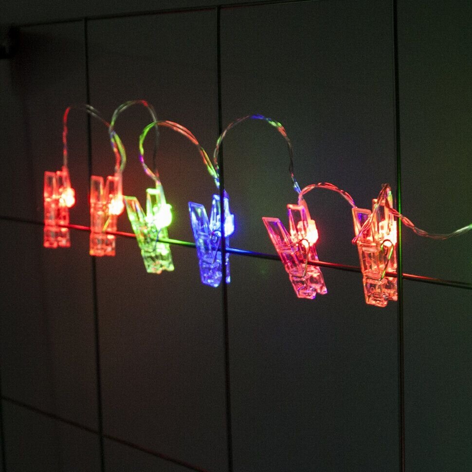 Светодиодная гирлянда Прищепки, 20 Led, IP14, 3 м. Разноцветный, Мерцающий цвет, 1 шт.