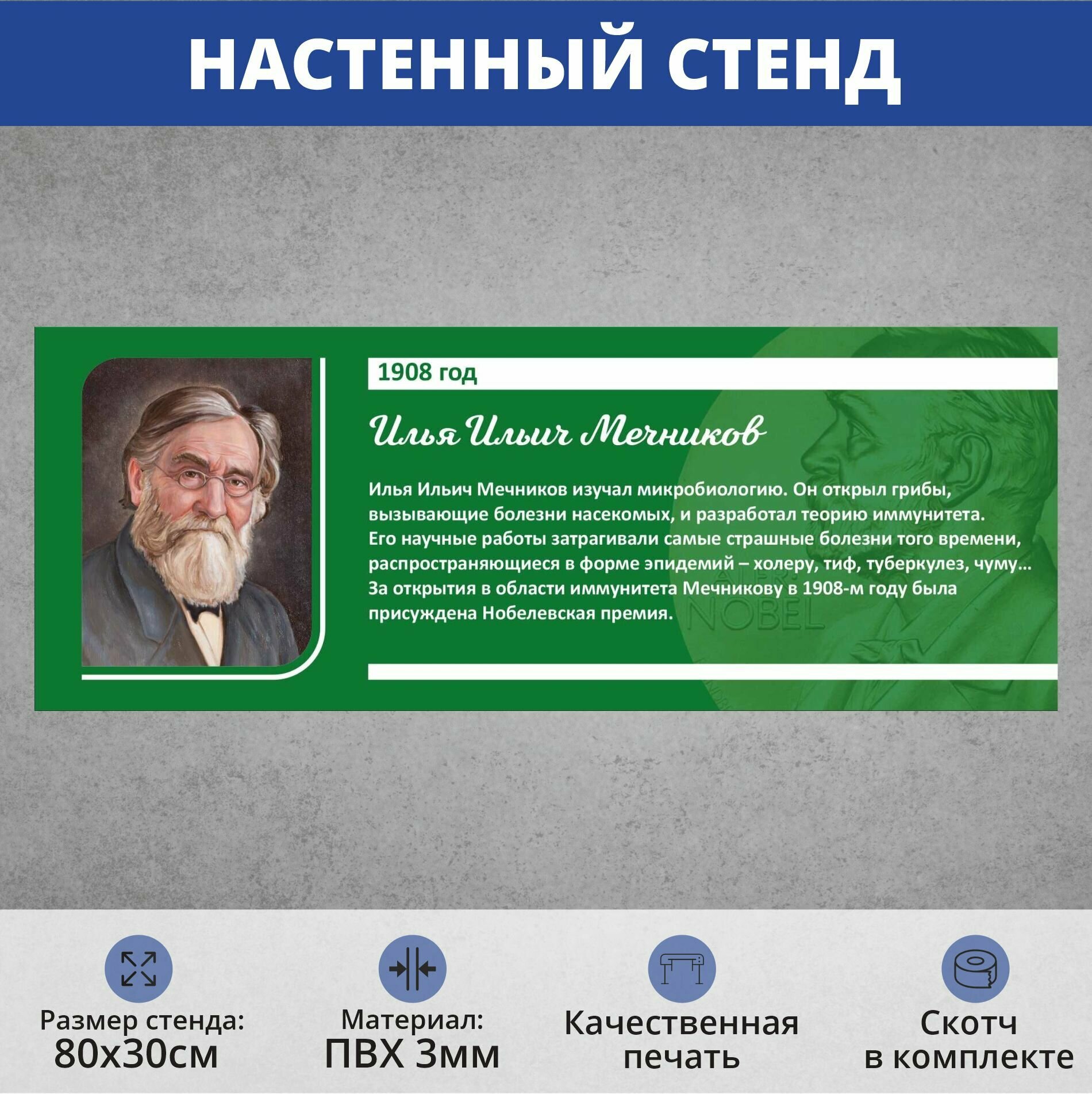 Информационный стенд медицинский "Илья Ильич Мечников" (800х300мм)