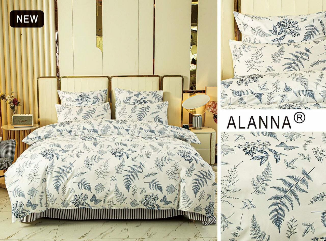 Комплект Постельного Белья Аланна 2х-Спальное Синие растения/ Двуспальное / простыня 200x220 / пододеяльник 180x220 / Наволочки 70x70-2