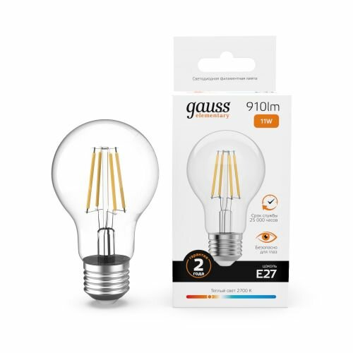 Светодиодная лампа Gauss Filament Elementary А60 11W 910lm 2700К Е27 LED 1/10/50