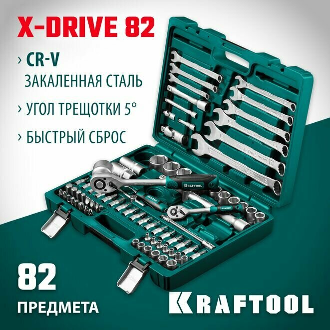 KRAFTOOL X-Drive 82, 82 предм, (1/2"+1/4"), универсальный набор инструмента (27887-H82)