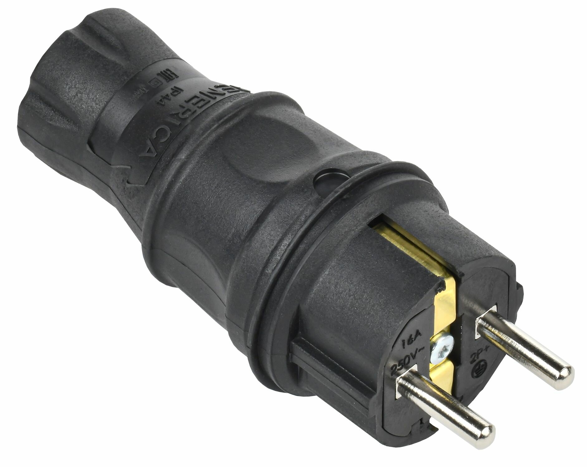 Вилка прямая 16А Generica, IP44, 220-250В, черная, 2 контакта, 1 фаза, евровилка