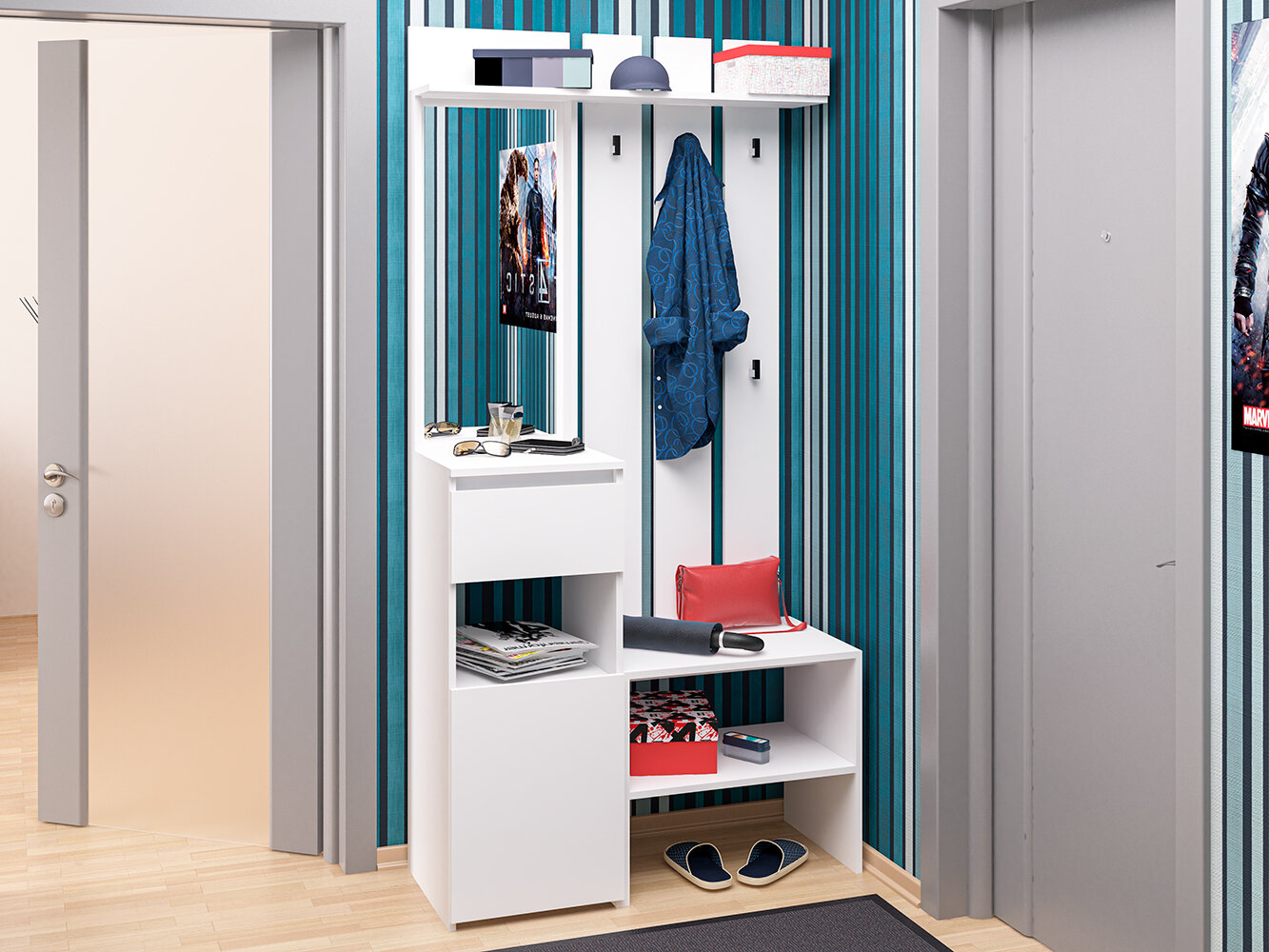 Прихожая МК "Пирамида" ПР-17, с зеркалом, цвет белый, универсальная (правая, левая), 200x100x42 см.