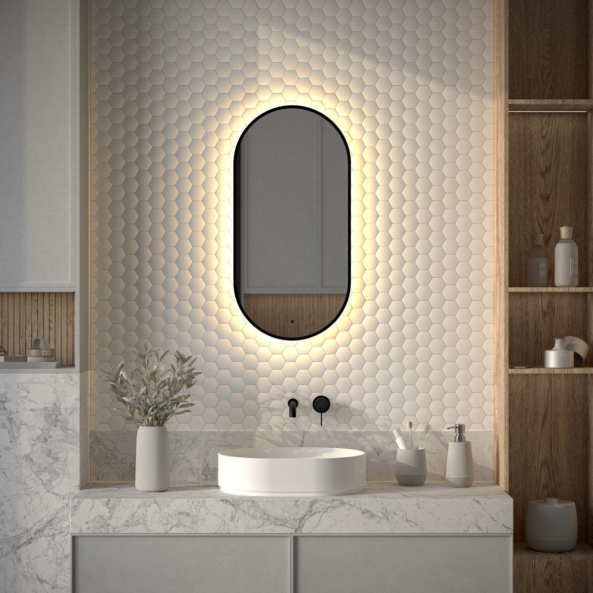 Зеркало с окантовкой и LED-подсветкой настенное AURA DEFESTO 40x80 см (ИК - выключатель), для гостиной, прихожей, спальни, кабинета и ванной комнаты, DF 2932R