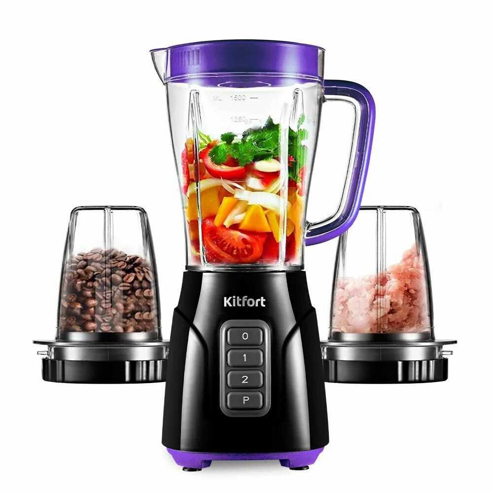 Блендер стационарный Kitfort KT-3032-1 3 в 1, 500 Вт, емкость чаши 1,5 л, 18500 об/мин, цвет черный/фиолетовый