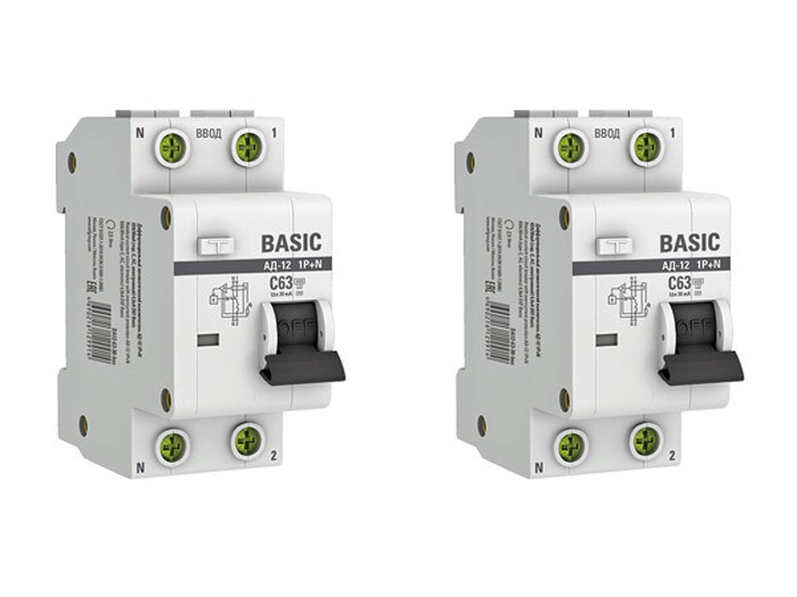 Автомат дифференциальный EKF Basic АД-12 63А 30 мА 1P+N тип АС 4,5 кА (DA12-63-30-bas) (2 шт.)