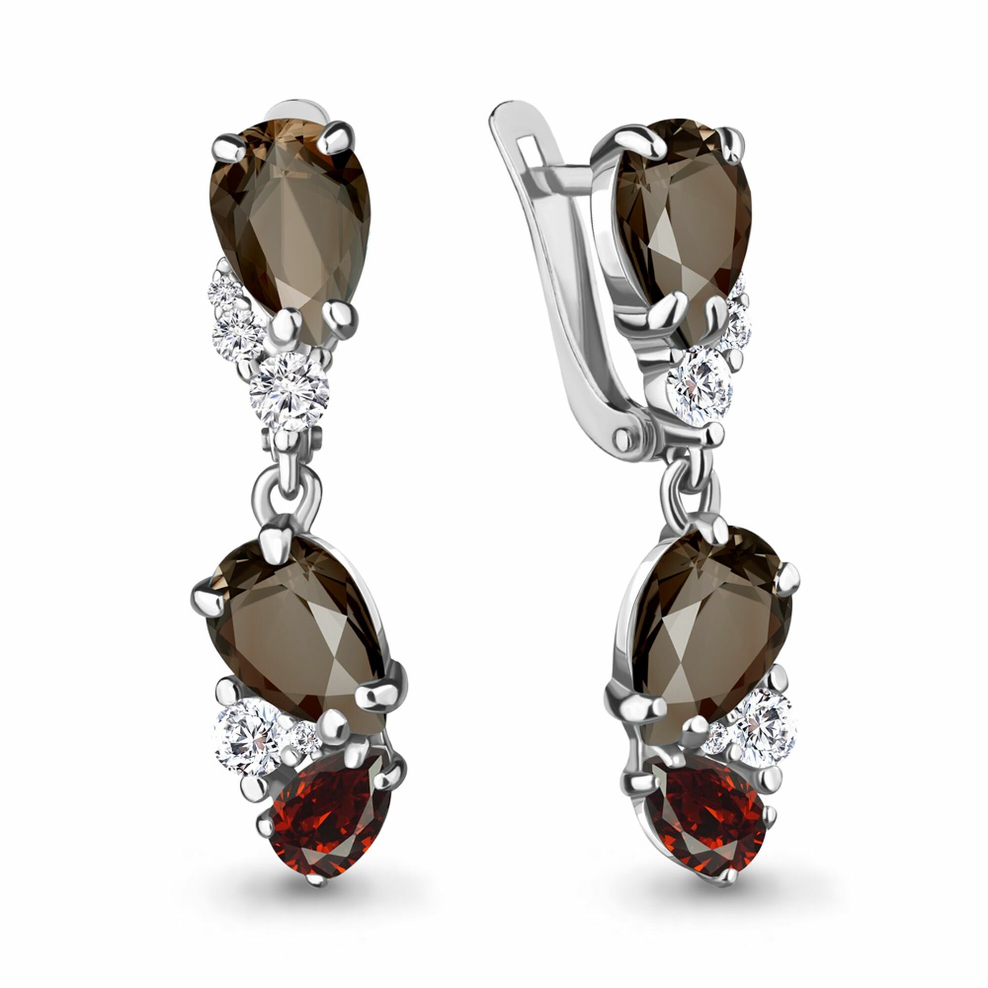 Серьги, серебро, 925 проба, родирование, фианит, кварц, гранат
