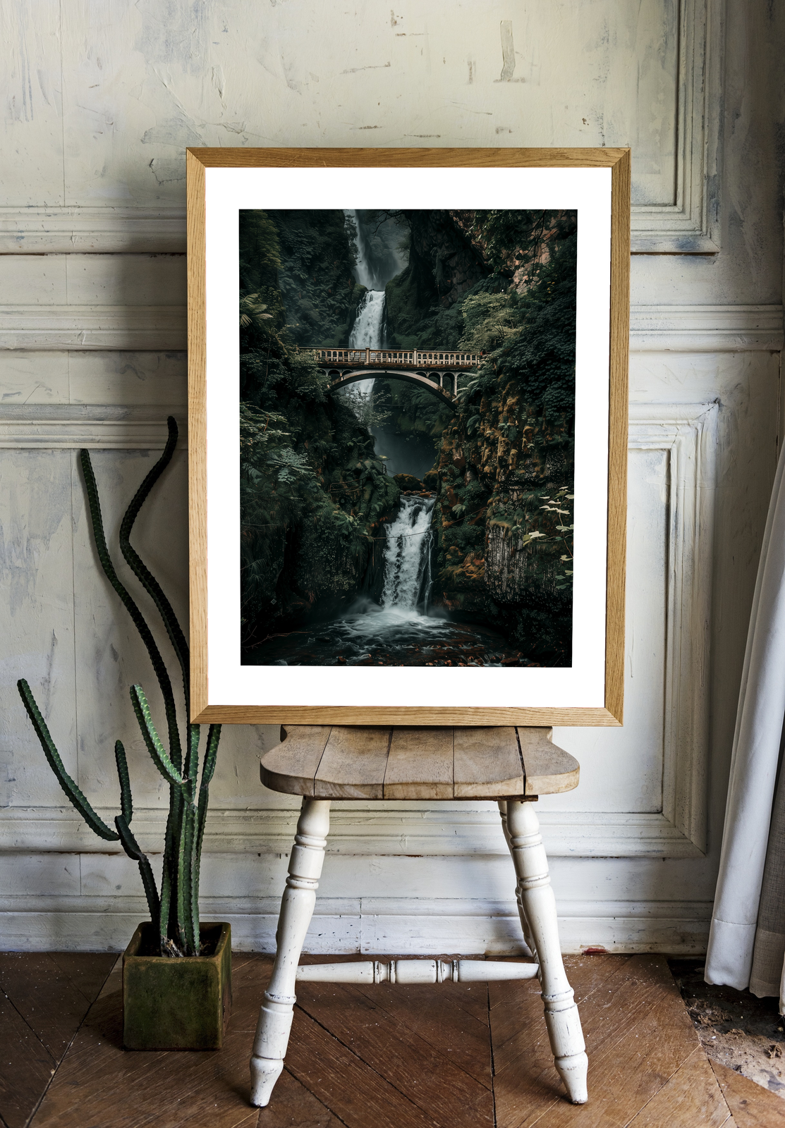 Постер "Каменный мост через лесной водопад" 40x50 без рамы