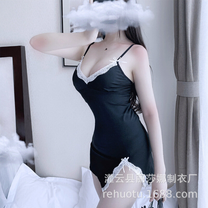 Новое черное платье с высоким разрезом Hot Bunny, сексуальный ночной наряд для женщин, глубокий V-образный вырез, без спинки, кружевные бретели, ночная сорочка, домашняя одежда