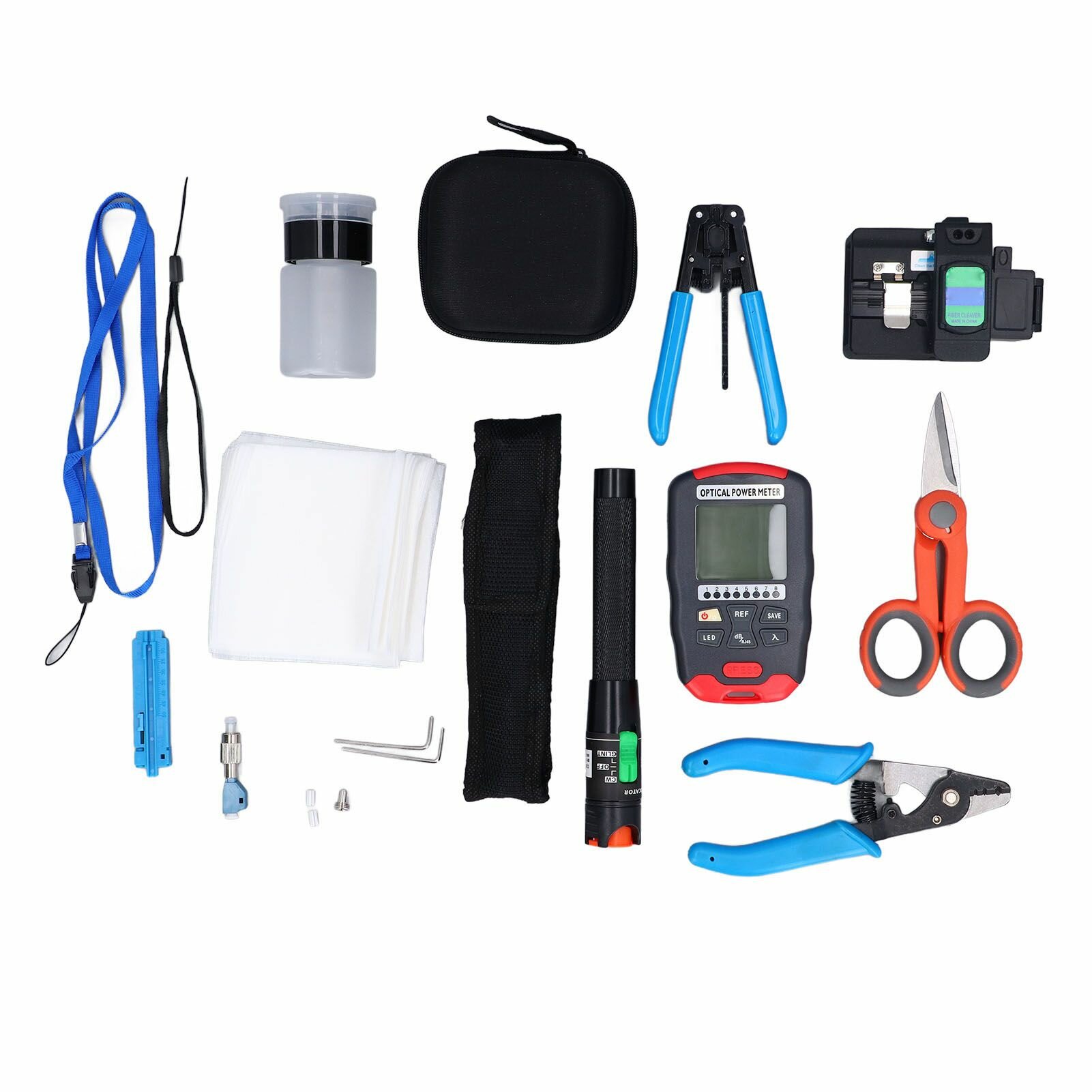 Набор инструментов для оптоволокна с 30mW VFL, OPM от -70 до +10 дБм, волоконный резак и 3-х канальный стриппер, пластиковый кейс