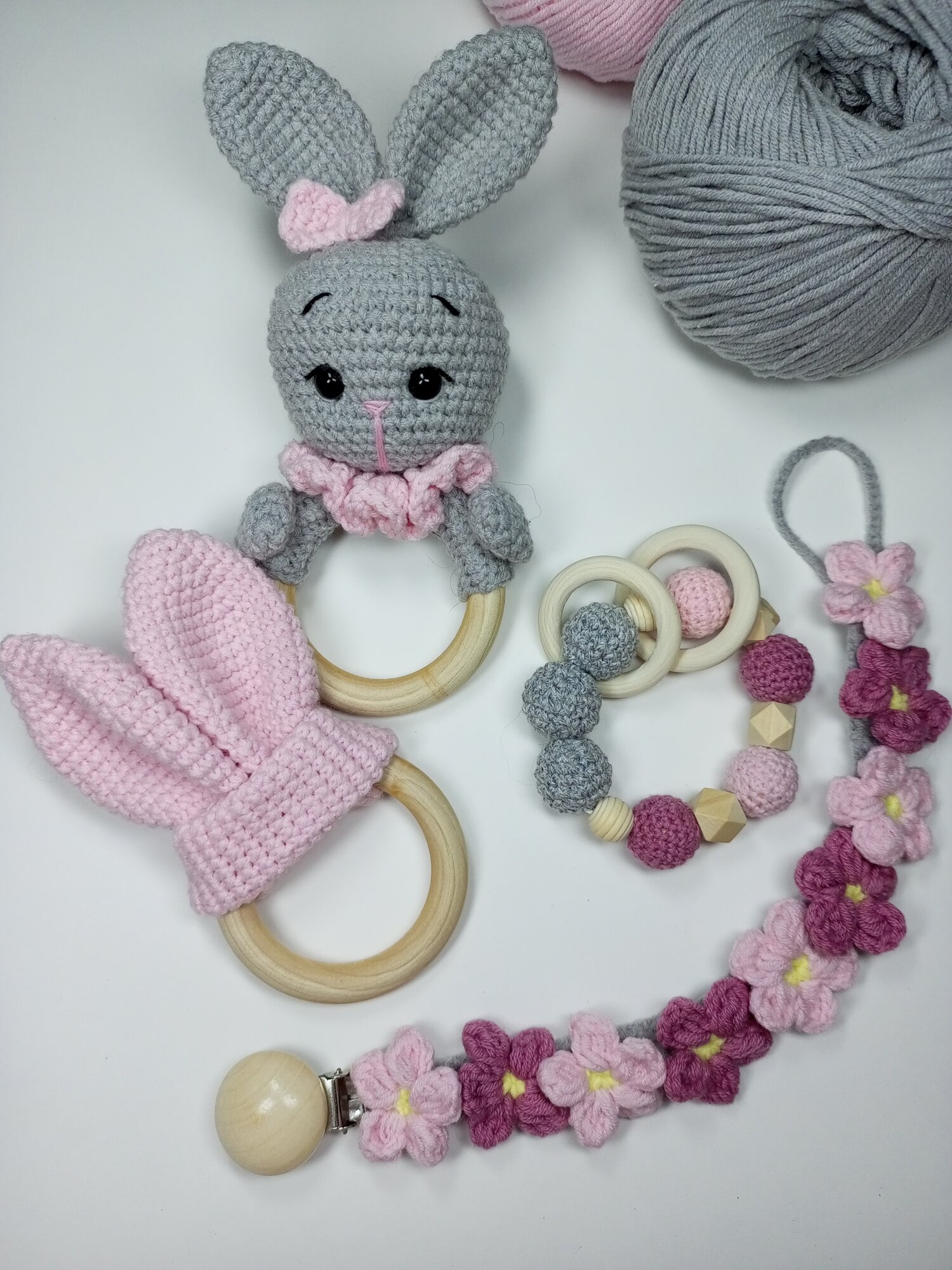 Подарочный набор для новорожденных, вязаная погремушка, грызунок, держатель для пустышки, погремушка - кольцо