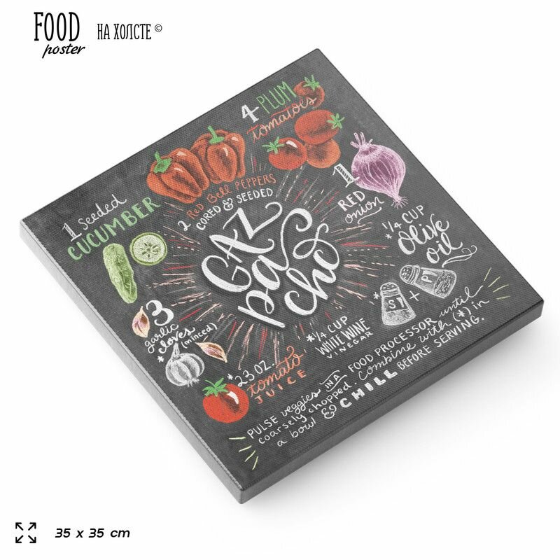 Картина Испанская кухня, рецепт гаспачо, 35х35 см, холст с печатью на подрамнике, интерьерная, SilverPlane